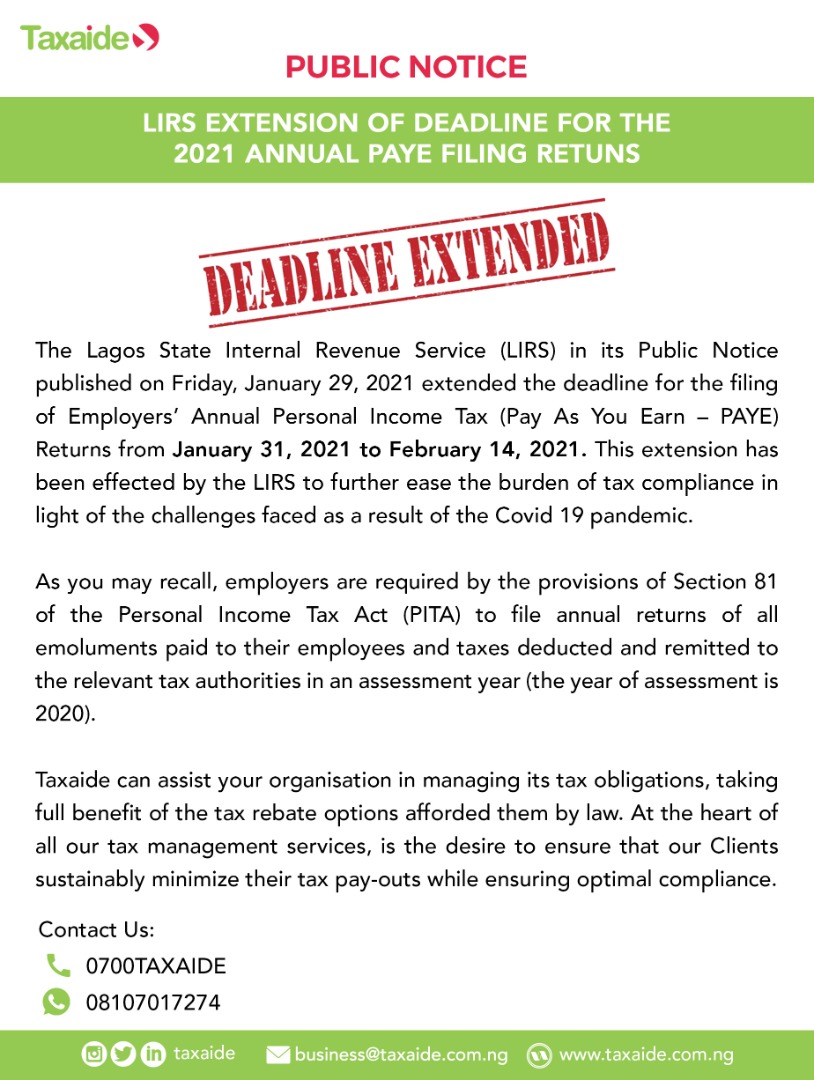 LIRS Extension of deadline for the 2021 Annual PAYE Filing Returns ...